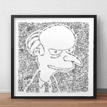 Mr Burns ink hand drawing with doodles inside, details of the Simpsons ...