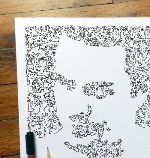 Mike Patton ink drawing with biography inside – drawinside